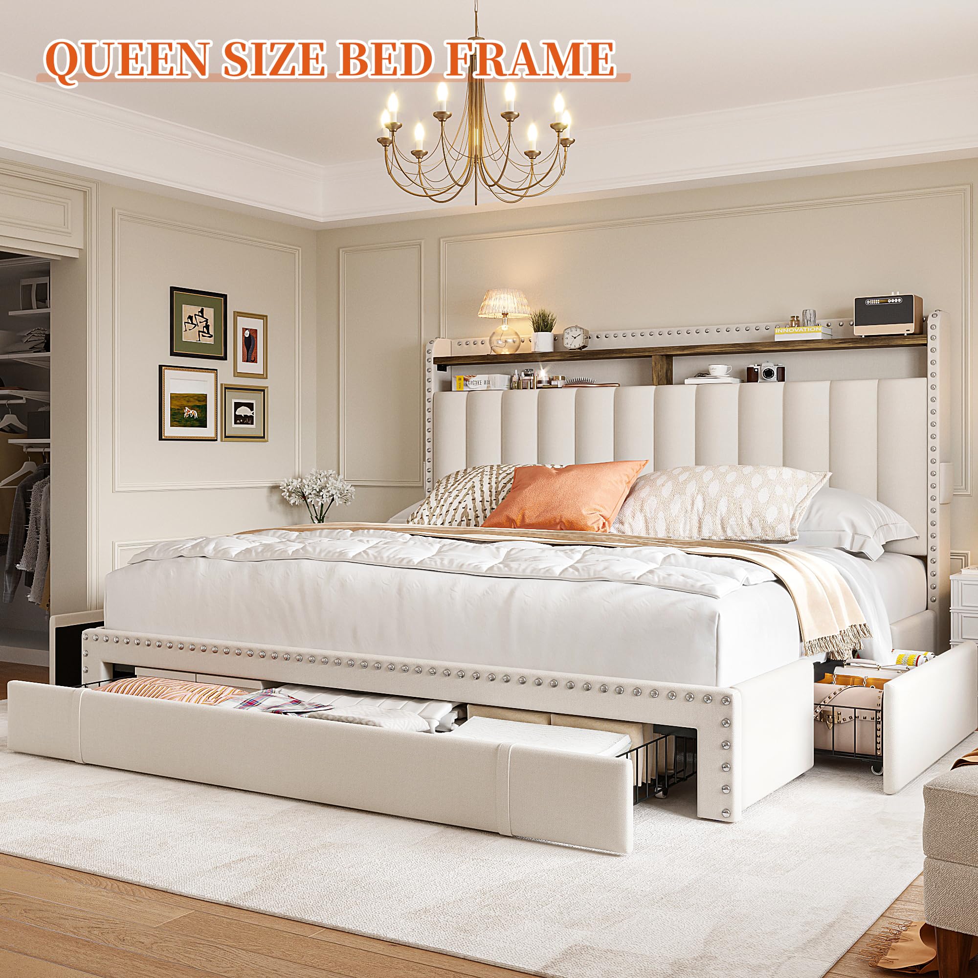 EnHomee Queen Bed Frame with 3 Drawers, Upholstered Bed Frame Queen Size, Queen Size Bed Frame with Headboard, Queen Bed Frame with Storage, No Box Spring Needed, No-Noise, Easy Assembly, Beige