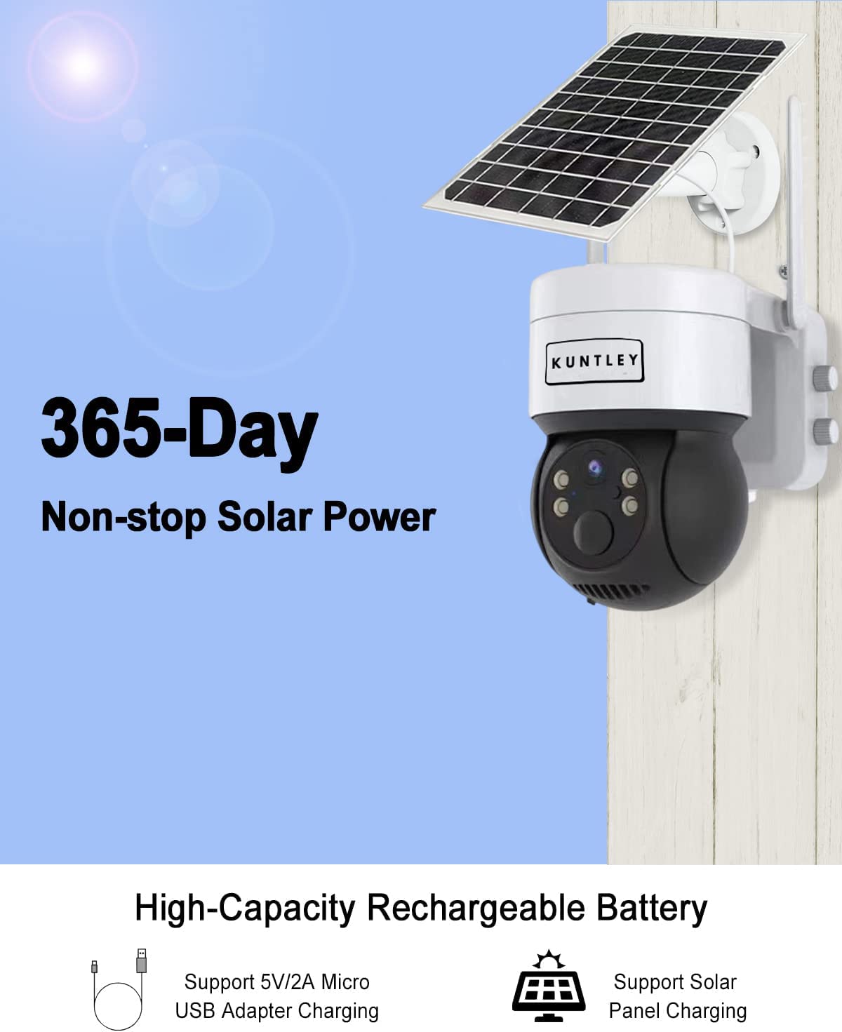 KUNTLEY 4MP UHD Security Cameras Outdoor Wireless Solar Powered,Pan Tilt 360°View Battery WiFi Security Cameras for Home Security,Color Night Vision, 2 Way Talk, IP65 Waterproof SD/Cloud WiFi Camera
