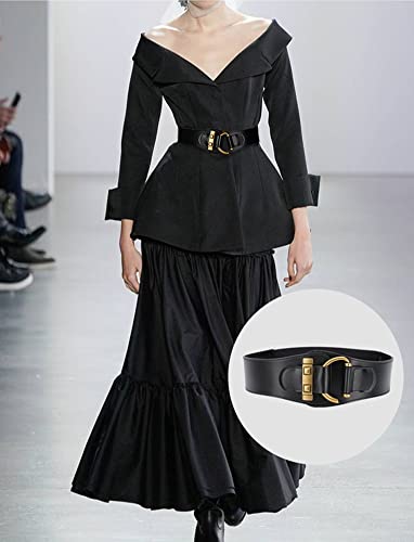 Toptim Womens Elastic Waist Belt Vintage Leather Wide Waistband (Waist 25-35", Black)