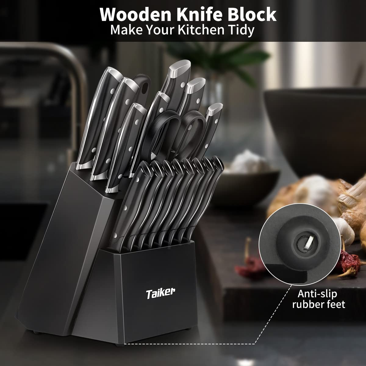 Knife Set for Kitchen with Block, 35Pcs High Carbon Stainless Steel Chef Knife Set Kitchen Knife Set and Silicone Kitchen Utensils Set, Knife Sharpener Rod Scissors Knives Set Ultra Sharp Easy-Grip