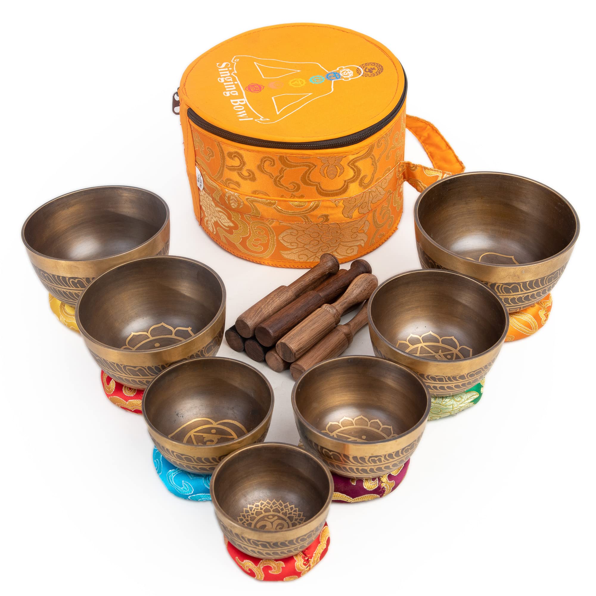 Himalayan Bazaar Tibetan Singing Bowls Set Of 7 Bronze for Meditation Mindfulness with Carry Box