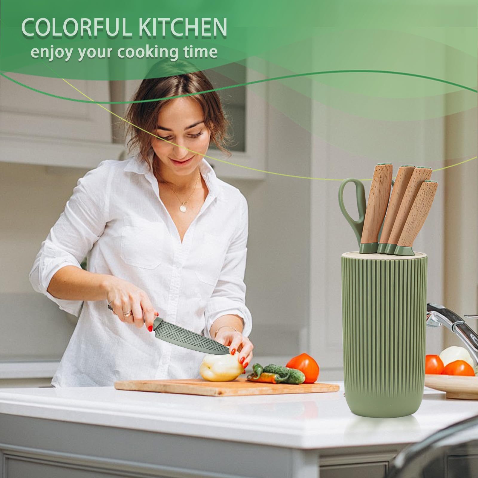 Knife Set, 6 Pieces Professional Kitchen Knife Set with Universal Knife Block, Super Sharp Knife Set with Ergonomic Handle Non-stick Stainless Steel Knife Block Set (Green)