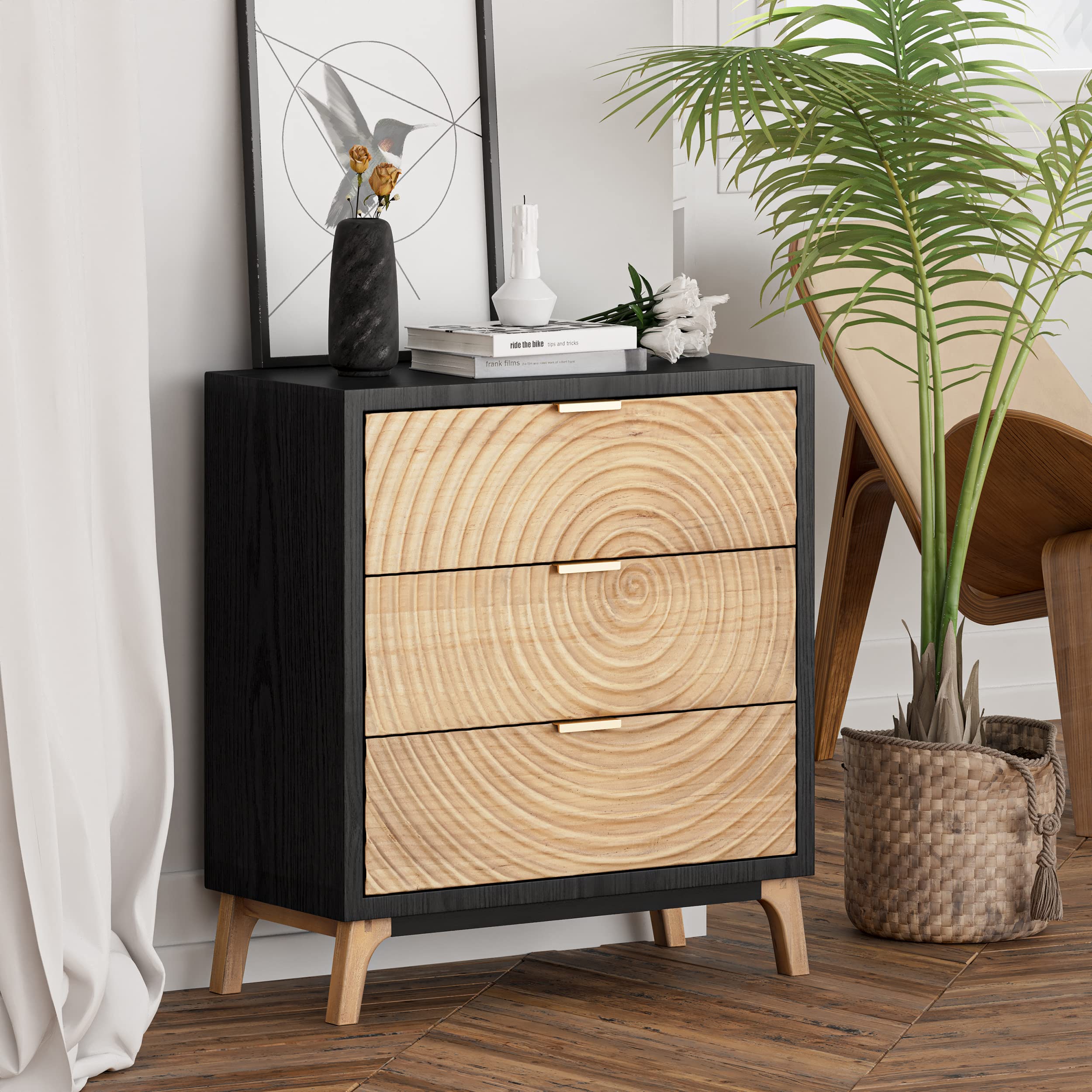 LONYKE 3-Drawer X 2P Farmhouse Dresser with Handcrafted Wood Ring Motif, Black Nightstand for Bedroom, Fully-Assembled, Morden Rustic