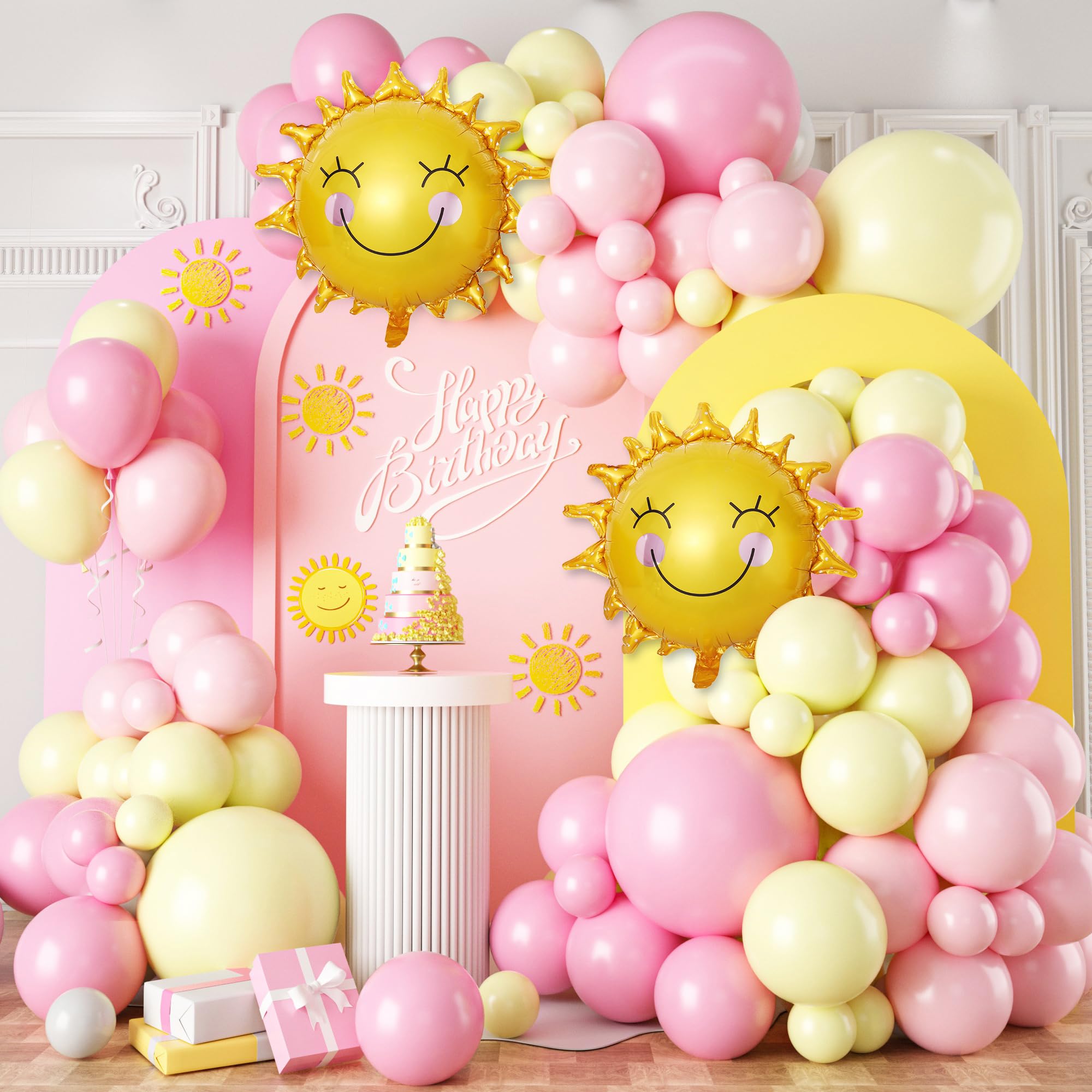 First Trip Around The Sun Birthday Decorations for Girls๏ผPink and Yellow Balloons Garland Kit with Sunshine Balloons Boho Sun 1st Baby Shower Party Supplies