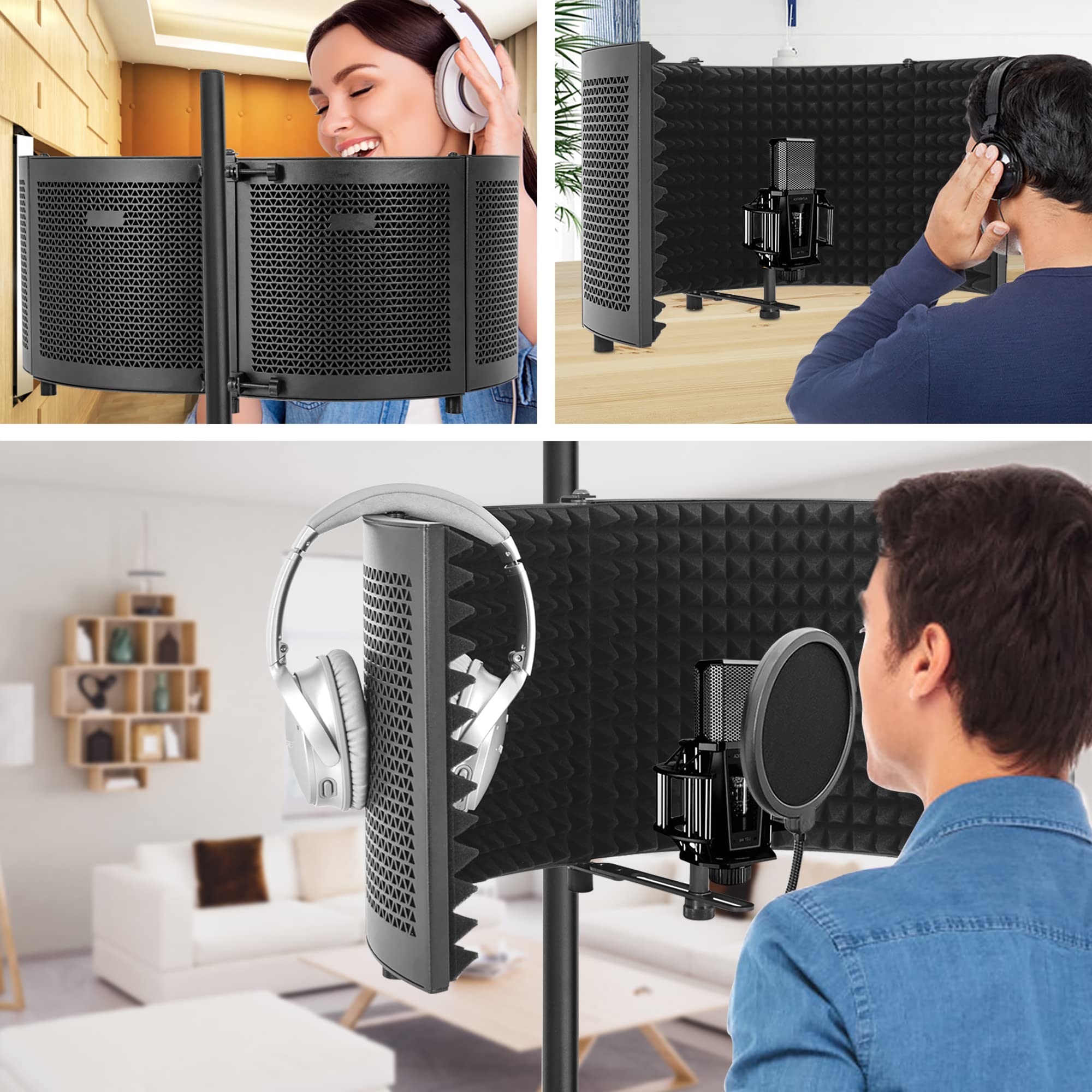 ITHWIU Microphone Isolation Shield with Stand [Curved Panel], Foldable Mic Shield with Triple Sound Insulation, Studio Mic Sound Absorbing Foam Reflector for Sound Recording, Podcasts