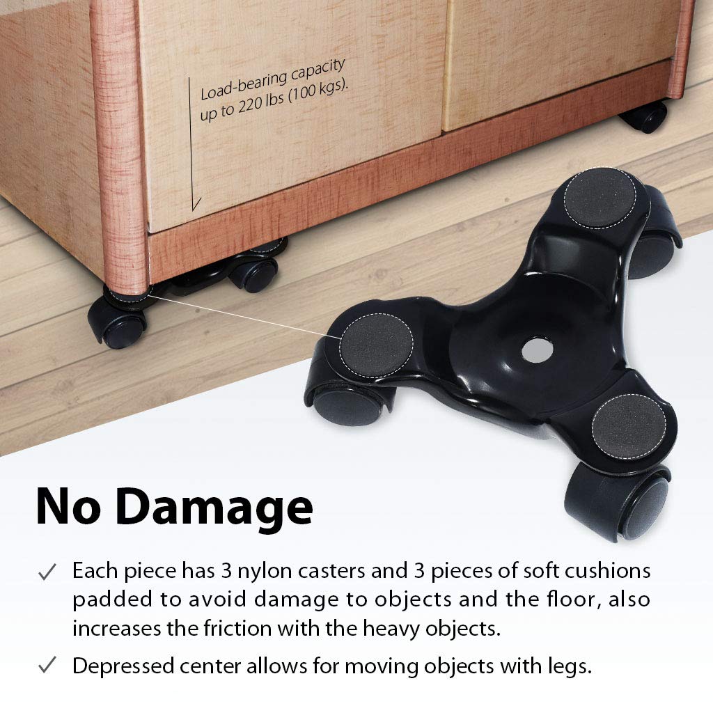 FIRSTINFO 4-Pack Steel Tri-Dolly Set, 6-Inch, 3 Wheel Moving Heavy Furniture Dolly Roller Transporter, 220-lb Load Capacity