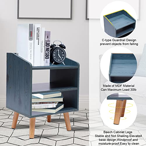 Small Bedroom Nightstand/Minimalist End Table/Side Table/Little Table - with 2 Open Storage Cabinets/Solid Wood Legs,Modern Bedside Night Stand for Bedroom, Living Room(Blue )- Easy Assembly