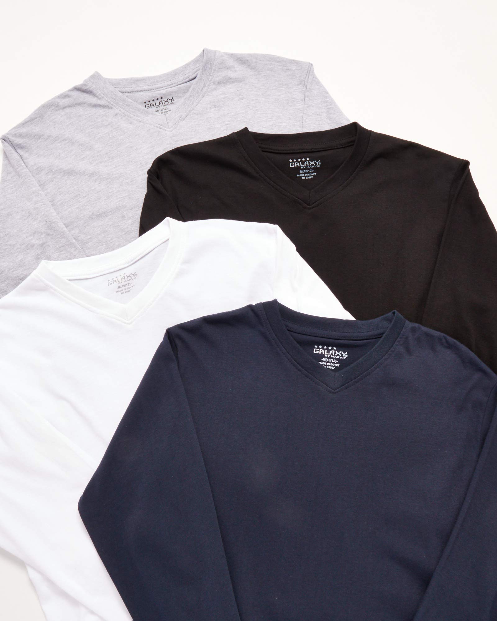 Galaxy by Harvic Boys’ Long Sleeve T-Shirt – 4 Pack Basic Solid V-Neck Shirt – Long Sleeve Base Layer Top for Boys (S-XL), Size Large, Black/White/Heather Grey/Navy