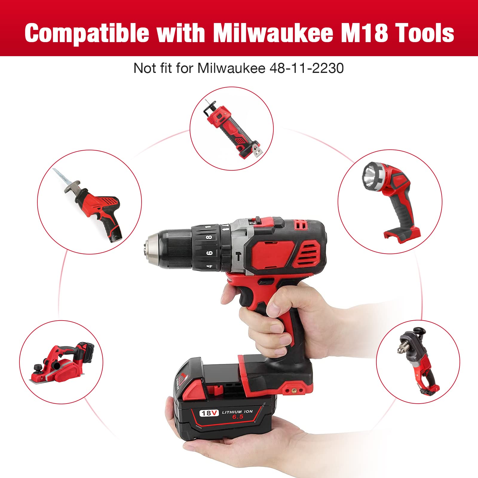 FirstPower 6.5Ah 18V M-18 Battery 2Packs - Compatible with Milwaukee M-18 48-11-1852 18V Lithium Cordless Power Tools - M18B 48-11-1850 48-11-1820 48-11-1828 48-11-10