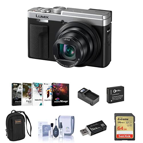 Panasonic LUMIX DC-ZS80D Digital Camera, Silver Bundle with 64GB SD Card, Corel PC Software Kit, Camera Bag, Extra Battery, Charger, Cleaning Kit, Card Reader