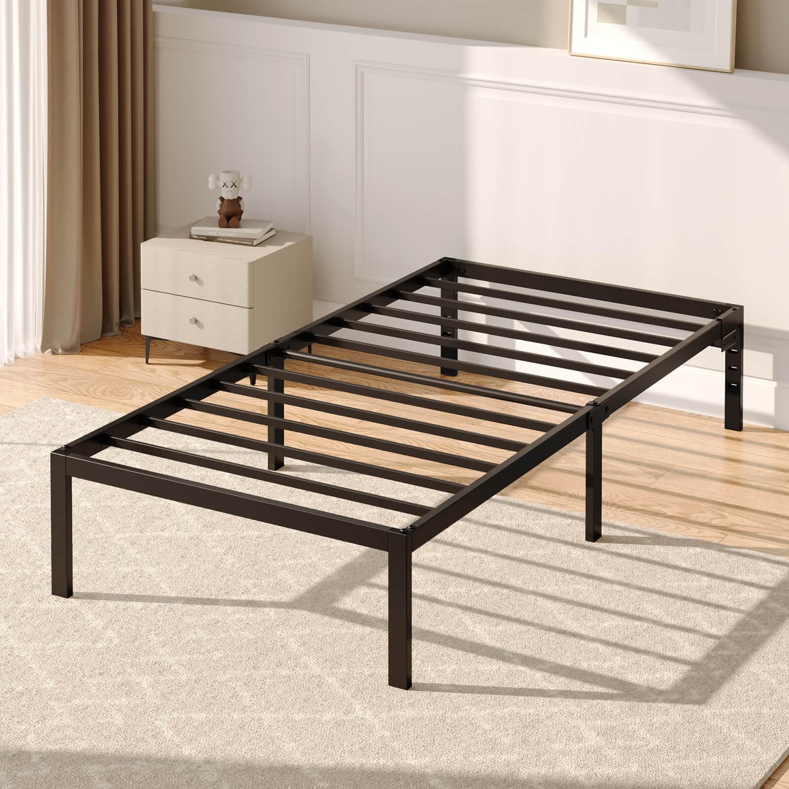 Rolanstar Bed Frame Twin Size with USB Charging Station, 14 Inch Metal Platform Bed Frame, Mattress Foundation with Heavy Duty Steel Slat Support, No Box Spring Needed, Easy Assembly, Black