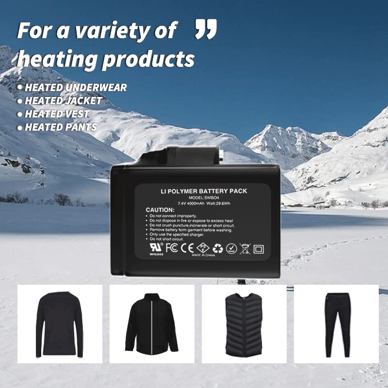 J JINPEI Rechargeable 7.4V 4000mAh Li-ion Batteries, Rechargeable Batteries for Heated Underwear, Heated Sweatershirt (1pcs Included)