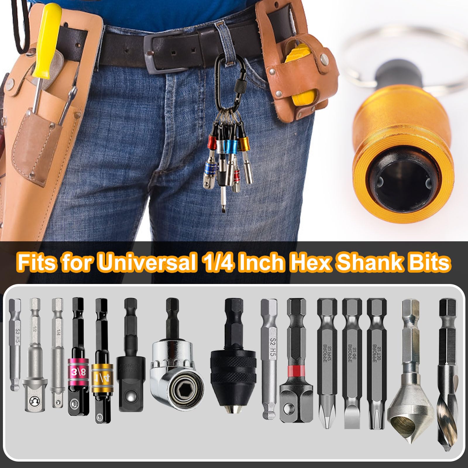 Valkynos Bit Holder Gadgets for Men Women - Drill Bit Holder Cool Gadgets, 1/4 Bit Holder Key Chain For Nut Driver, Screwdriver & Drill Bits - Quick Change Bit Holder Design (3 Sets)