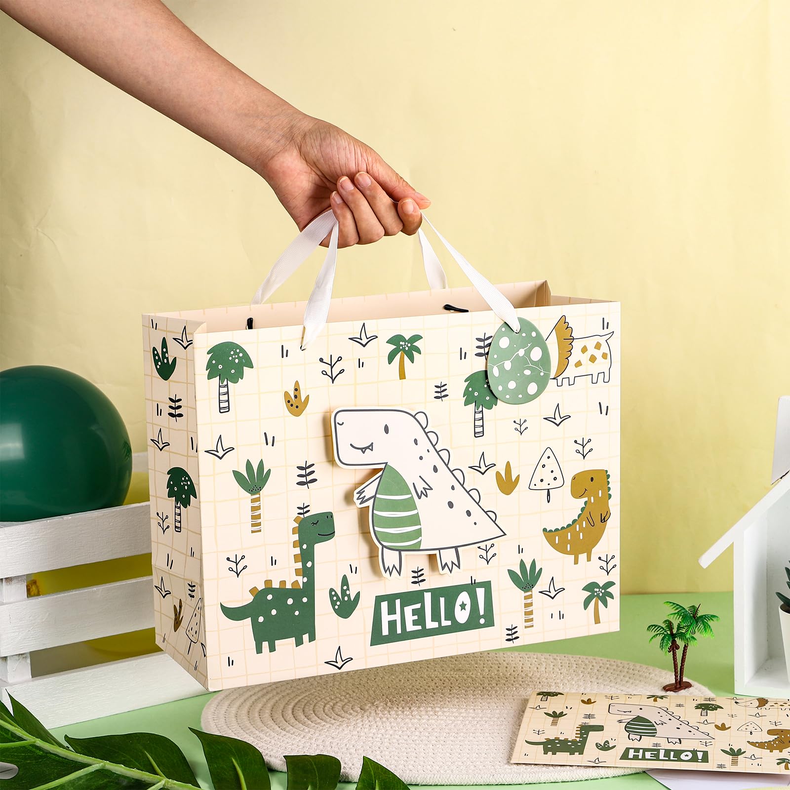 Loveinside Baby Gift Bag Dinosaur and Hedgehog Design with Tissue Paper and Greeting Card for Baby Shower, New Parents, and More - 13" x 5" x 10", 1 Pcs