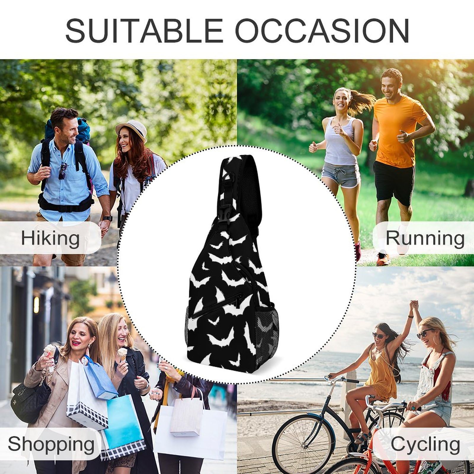 Halloween Pattern with Flying Bats Sling Backpack Chest Bag Crossbody Shoulder Bag Gym Cycling Travel Hiking Daypack For Men Women