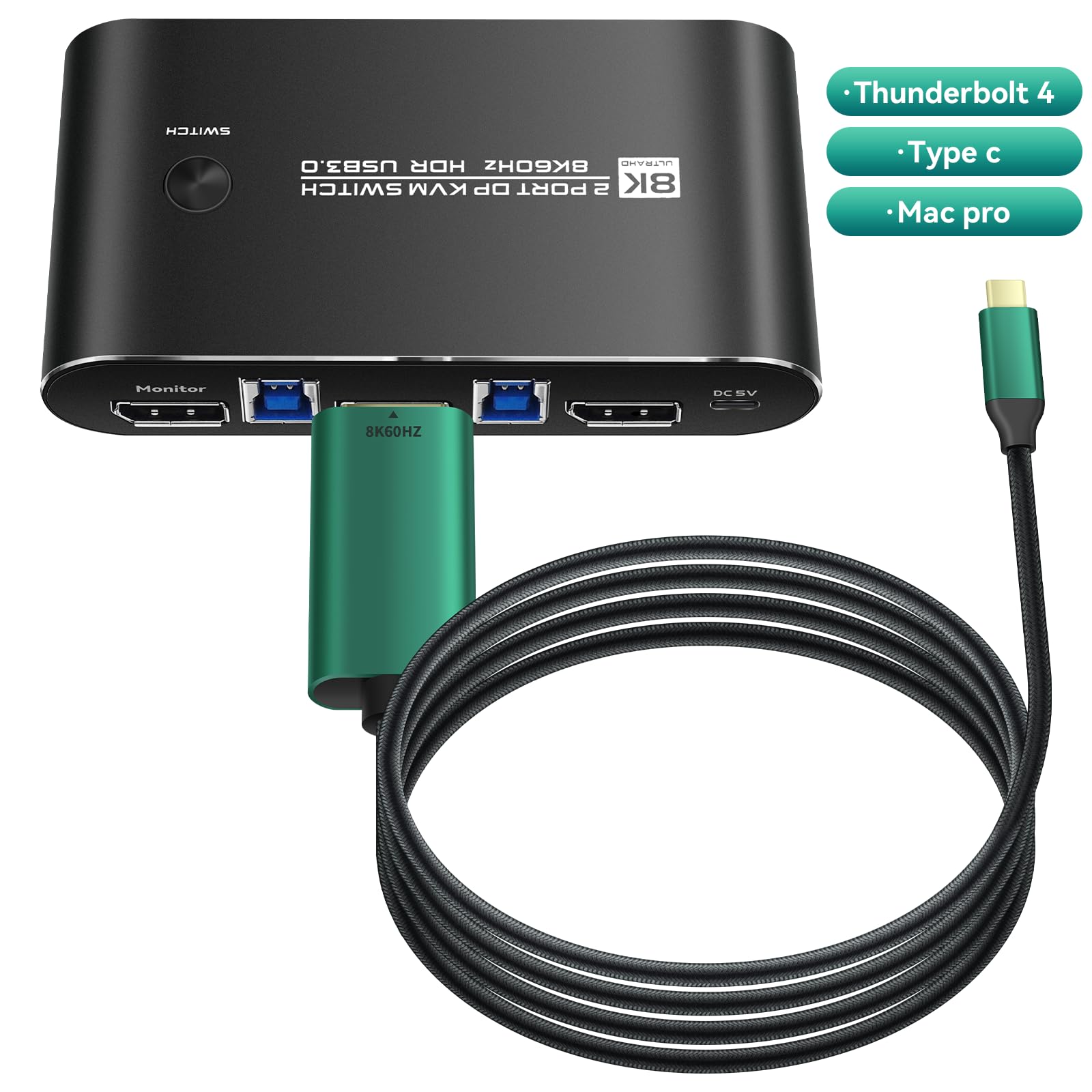 KVM Switch DisplayPort 2 Port Kvm Switch 1 Monitors 2 Computers Display Port Monitor Selector Box 1440P 120Hz 144Hz 165Hz 175Hz 240Hz DP2.1 KVM Displayport USB 3.0 FreeSync G-SYNC