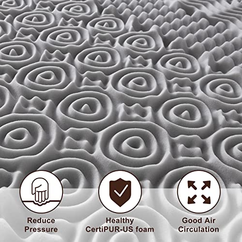 UniPon 3 Inch Egg Crate Memory Foam Mattress Topper, Charcoal Infused Mattress Topper, 7 Zones Foam Bed Topper, CertiPUR-US Certified (Queen)