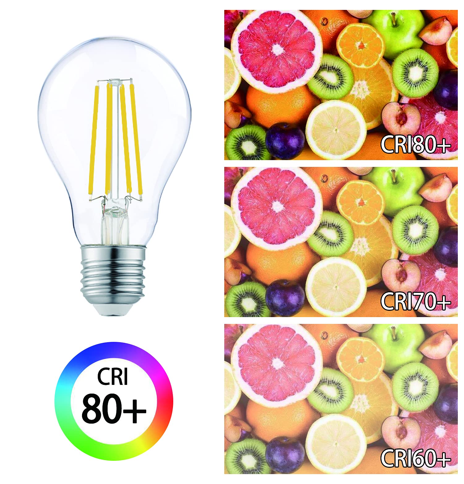Fabuled Dimmable A19 LED Light Filament Bulbs,E26 Screw Base,Warm White 2700K,8Watts LED Bulbs Equivalent 60Watts, Clear Glasses,800Lumens,Pack of 6