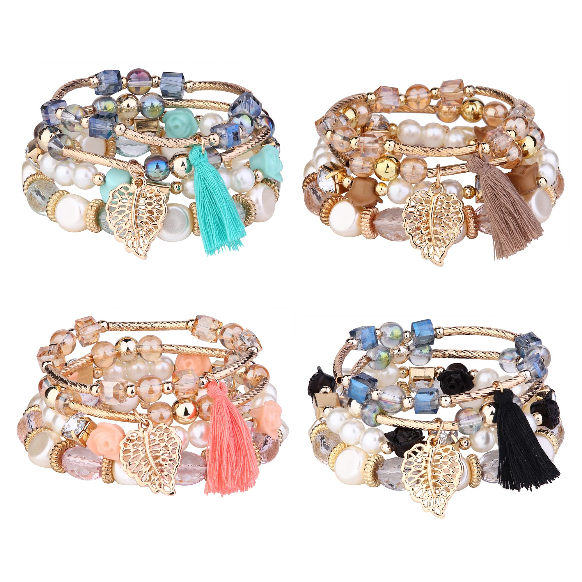Florideco 4 Sets Bohemian Stackable Bead Bracelets for Women Men Stretch Multilayer Colorful Beads Bracelet with Charm Jewelry B
