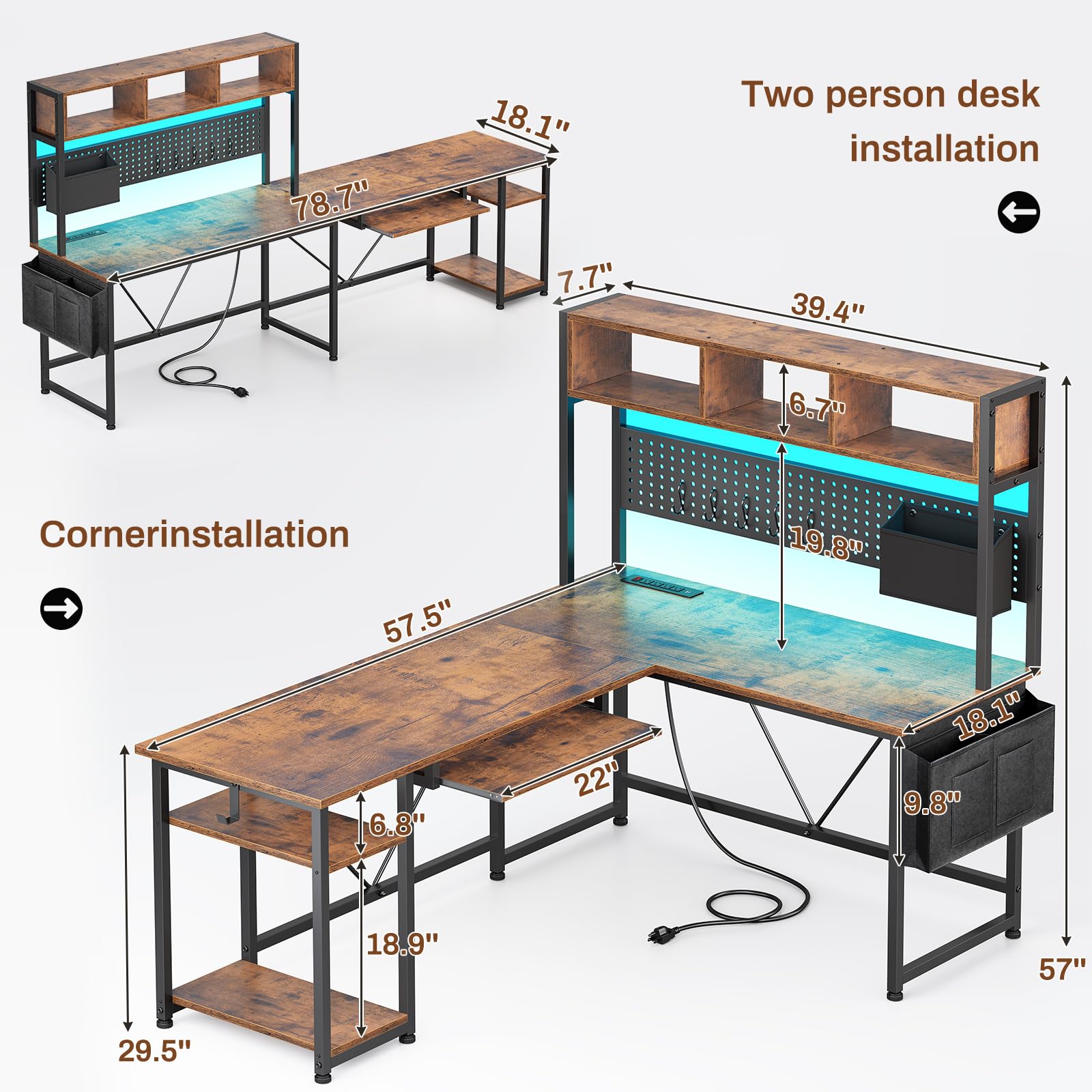 SEDETA L Shaped Gaming Desk with Hutch, 57.5β Reversible Corner Computer Desk with Storage Shelves, Gaming Desk with Pegboard, LED Lights, Power Outlet, Keyboard Tray (Rustic Brown)
