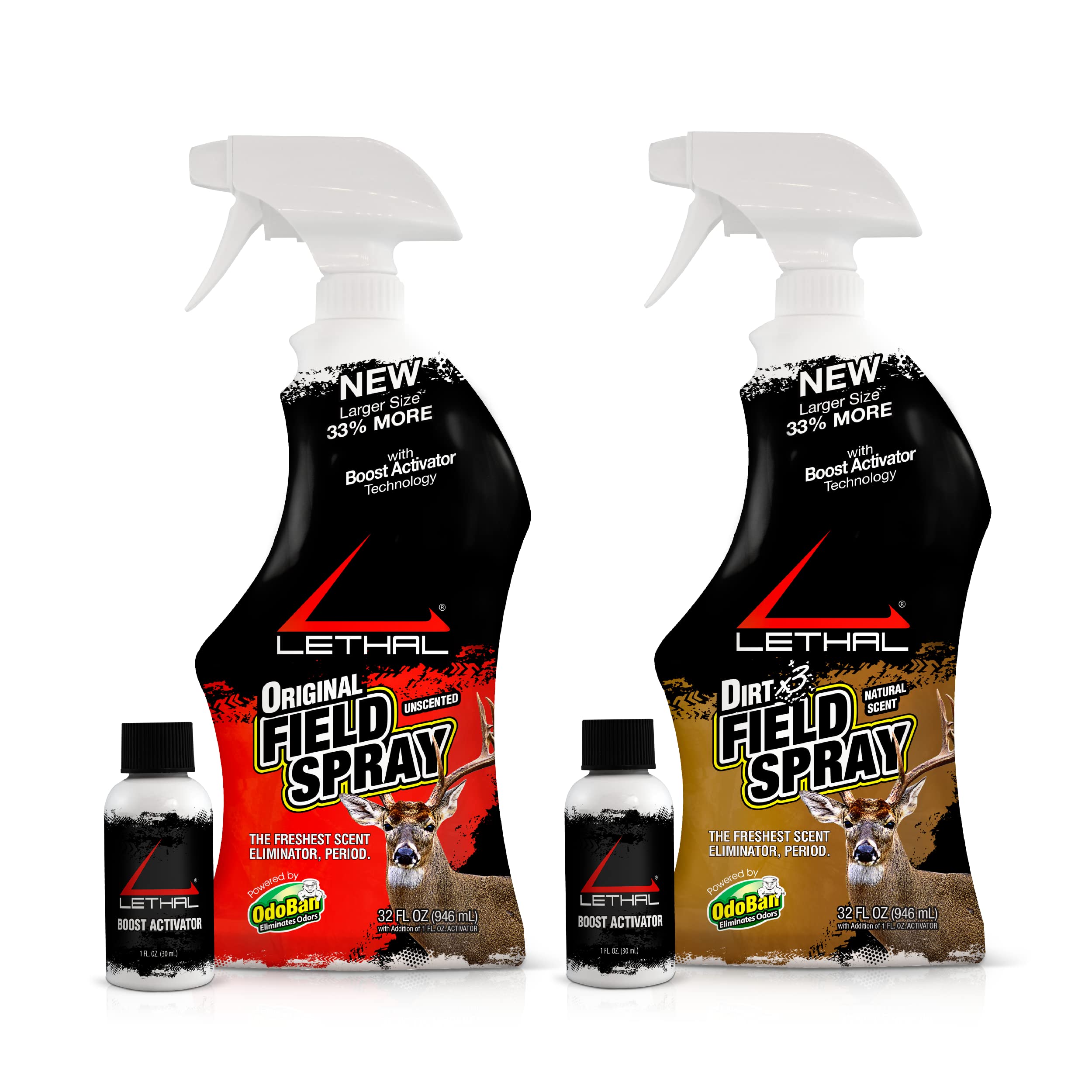 LETHAL Original Field Spray and Dirt x3 Field Spray Cover Scent Bundle, Human Scent Eliminating Agent for Hunting Clothes, Gear, and Equipment, 32 Ounce Spray Bottles, 1 of Each