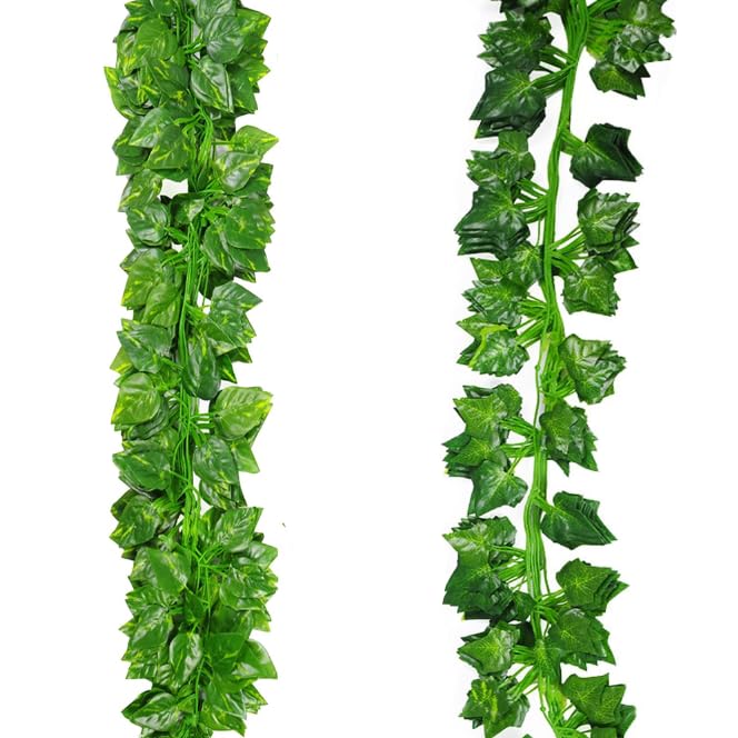 Fly Array 6.7 Ft 2 Strands of Artificial Ivy Wreath Leaf Vines, Plastic Ivy, Hanging Fake Plants, Used for Home Kitchen Garden Office Wedding Wall Decoration (Green)