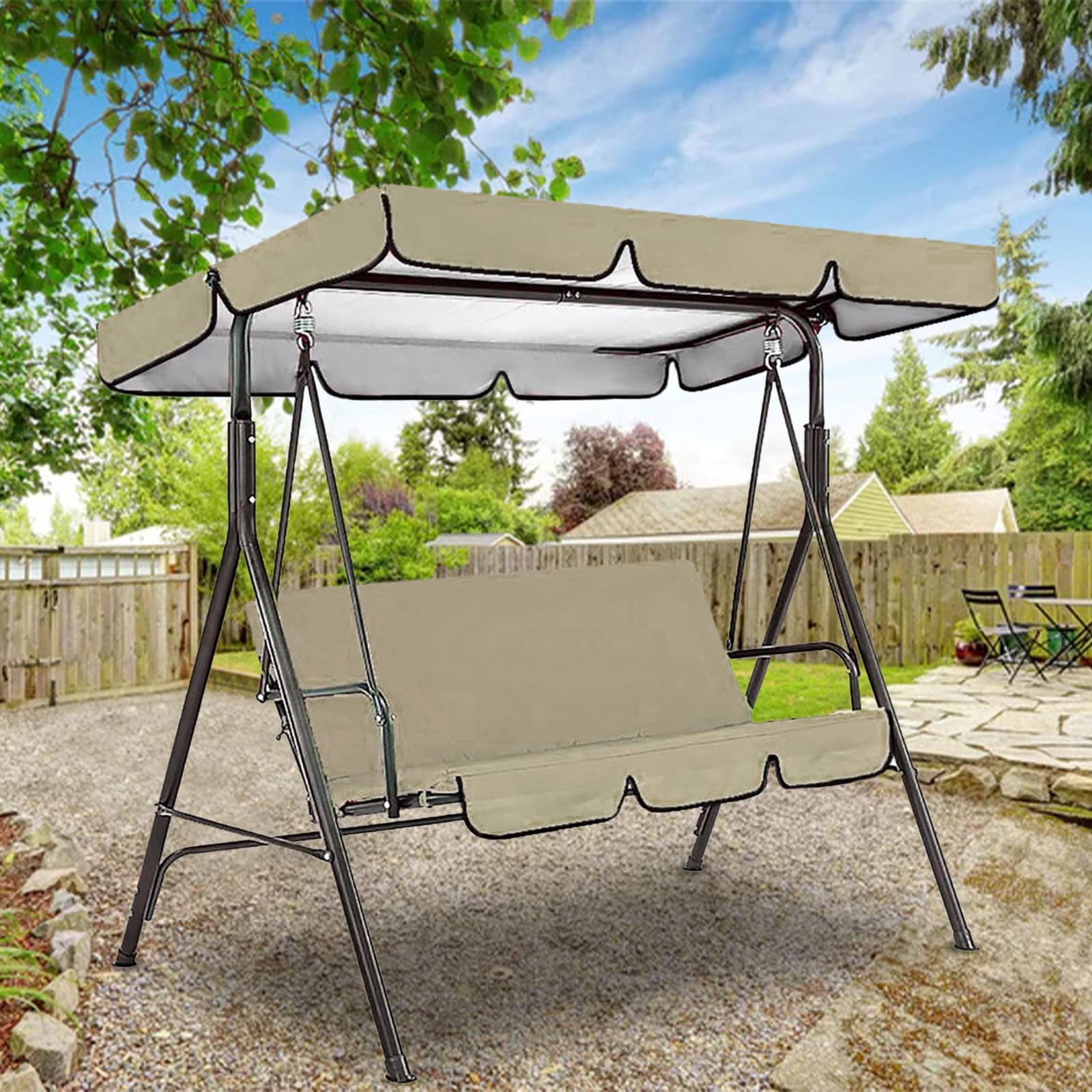 Swing Canopy with Seat Cushion Cover Set - Waterproof Polyester Top Swing Replacement Canopy Cover UV Block Sun Shade for Outdoor Garden Patio Yard Park Porch Balcony Backyard Swing Seat (Beige)