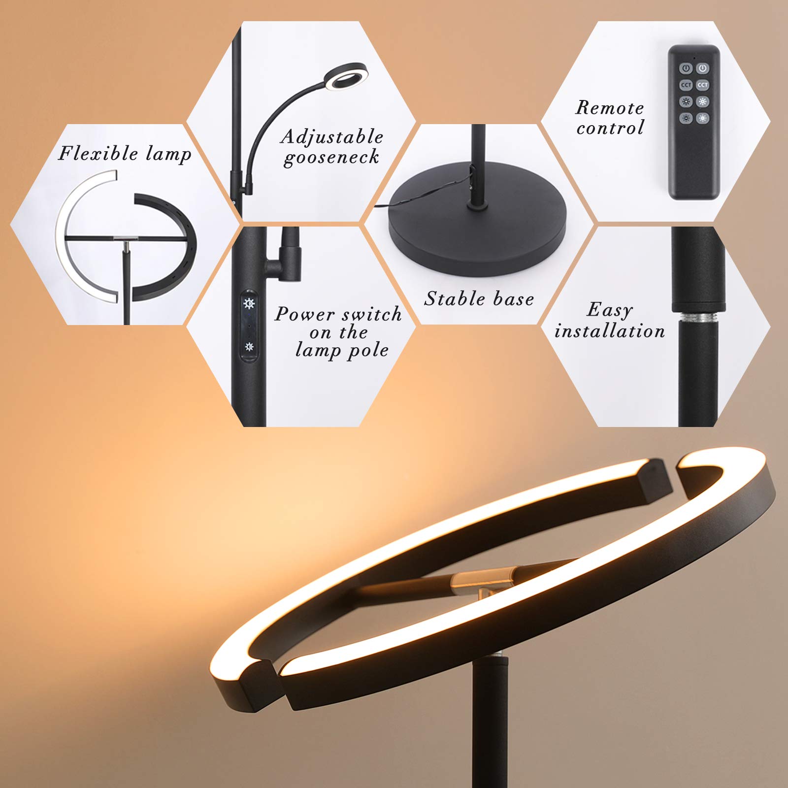 Ganiude Dimmable Modern LED Rotatable Torchiere Floor Lamp with Reading Light,Touch and Remote Control,Tall Standing Pole Lamp with Stepless Dimming and 3000K-6000K CCT for Living Room,Bedroom,Office