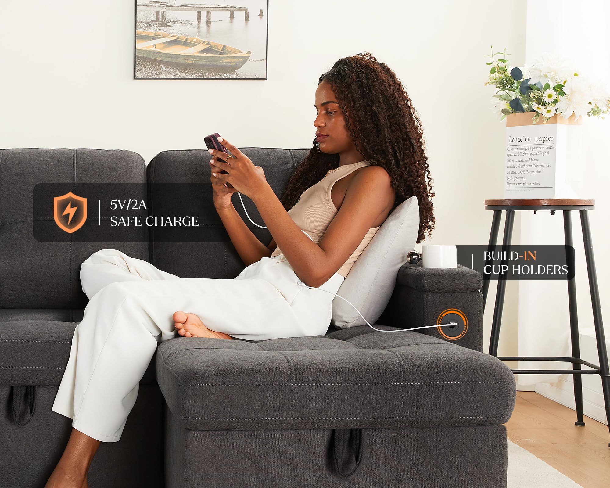 VanAcc Sleeper Sofa, Pull Out Couch Bed with USB Charging Port & Cup Holders, L-Shaped Sectional Couch with Storage Chaise, Comfy Couch for Living Room (Dark Grey)