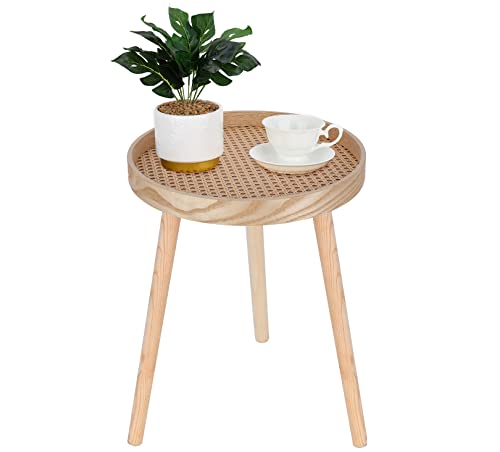 Small Side Table, Rattan Nightstand, Round End Boho Bedside Accent Mid-Century Modern Bed Tables for Living Room Bedroom Office Balcony(Natural Walnut)