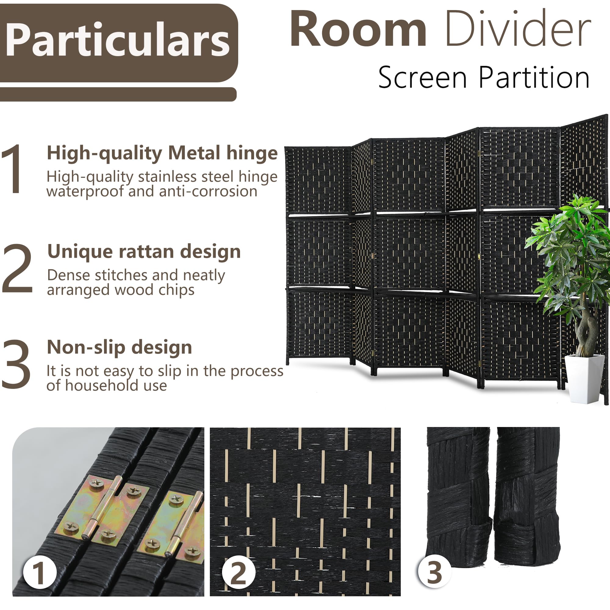 Room divider 6 panel room screen divider wooden screen folding portable partition screen wood with removable storage shelves colour,Black