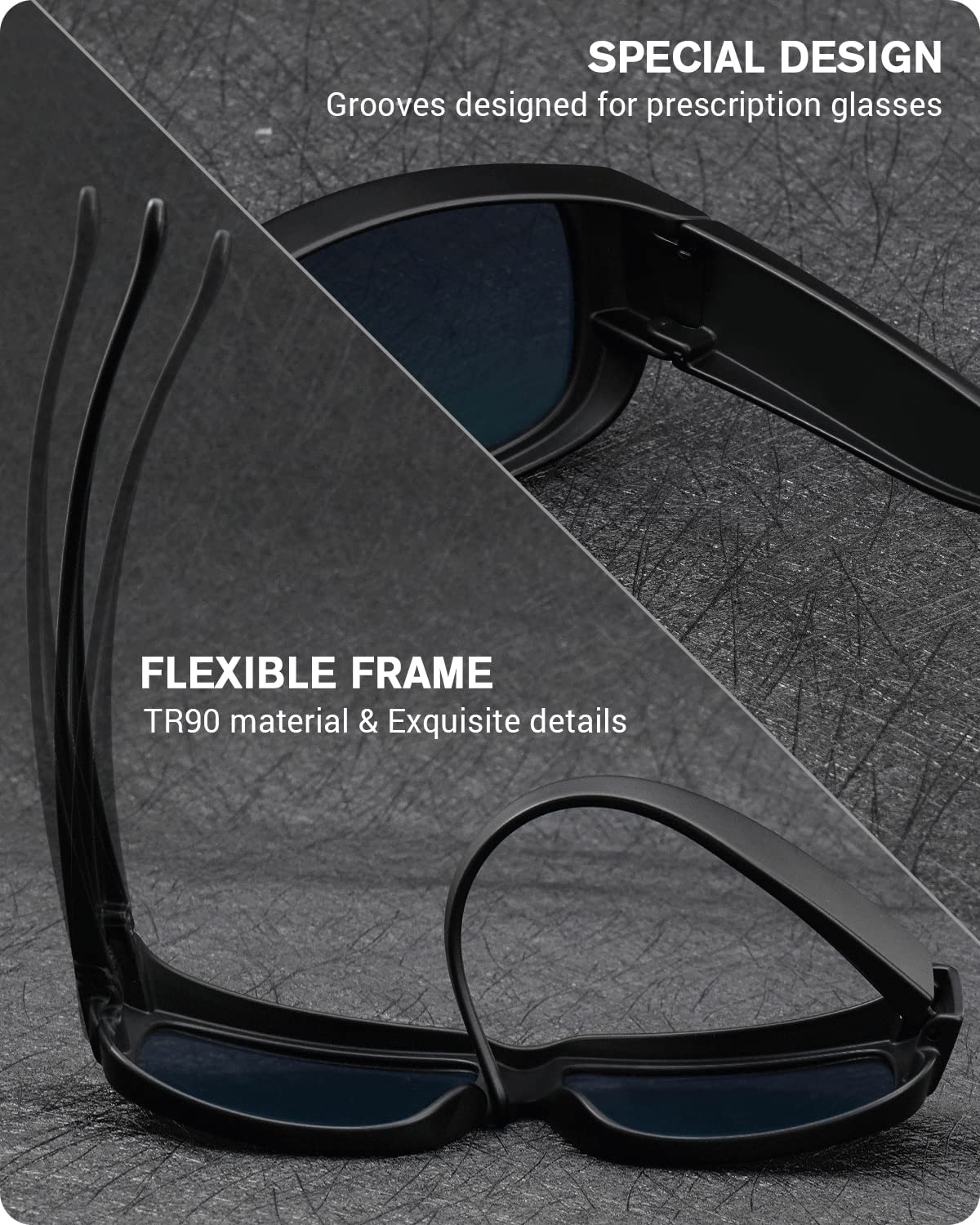 Meeloog Polarized Fit Over Glasses Sunglasses For Men, Rectangle Wrap Around Sun Glasses for Driving Riding Fishing MST0006 (P1 Black Frame/Blue Mirrored Lens)