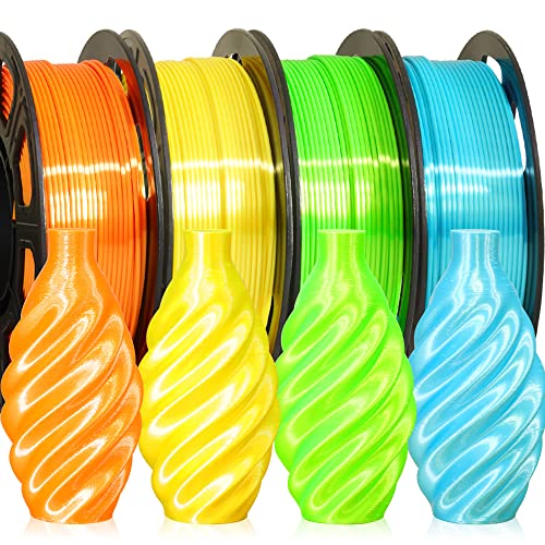 OEM MIKA3D 1.75mm Silk Shiny PLA 4 in 1 Bright Colors 3D Printer Filament Bundle Pack: Silk Yellow/Lime Green/Orange/Sky Blue, Each Spool 250g, 4 Spools Packed, Total 1Kg 3D Printing Material