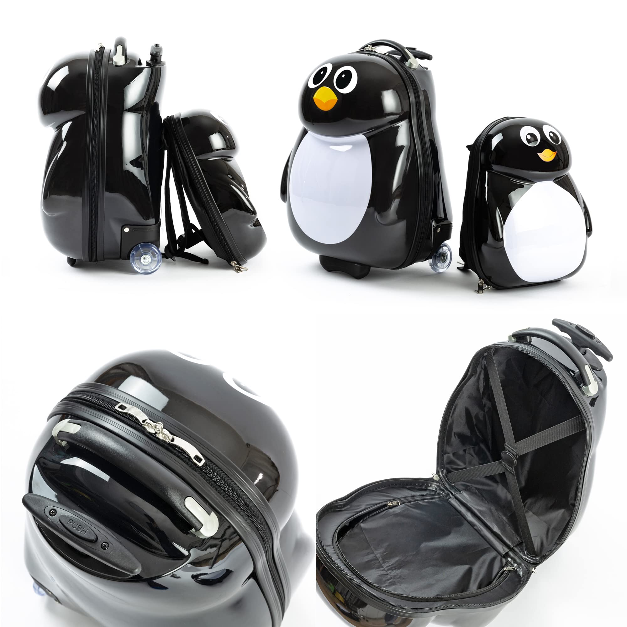 KIDDIETOTES Kids Carry-on Upright Luggage Suitcase and Backpack Set - Smooth Rolling Wheels - Penguin