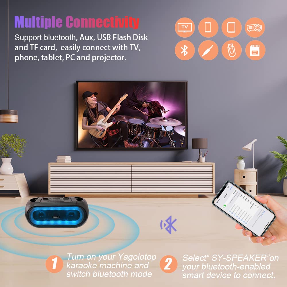Karaoke Machine with 2 Wireless Microphones for Adults and Kids, Portable Bluetooth Speaker with Party Lights, FM Radio, Remote Control, Rechargeable PA System, Support USB, TF Card, AUX