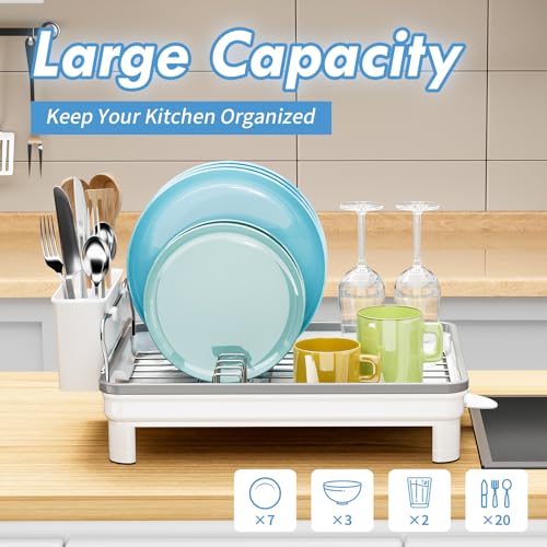 Ewaiira Dish Drying Rack, Dish Racks for Kitchen Counter, Anti-Rust Dish Dryer Rack with 360° Swivel Spout Drainboard Set, Utensil Holder and Cup Holder for Kitchen Countertop (White)