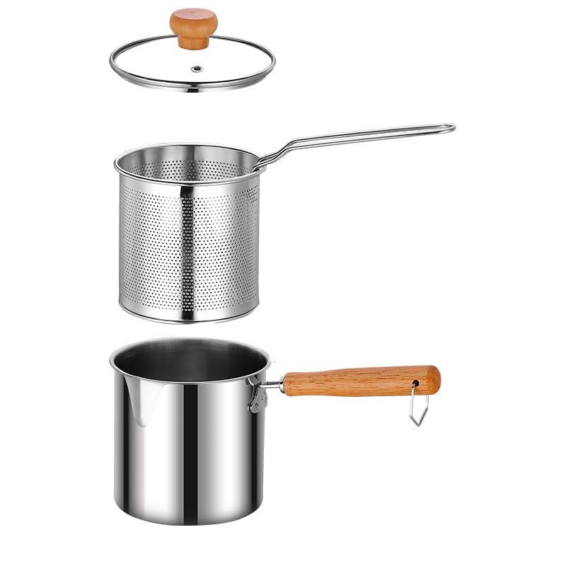 Small Deep Fryer Pot with Basket, Mini Fryer and Soup Pot with Tongs and Lid for 1-2 People, Works on Gas or Induction Burner, Dishwasher Safe, 1.3-Quart