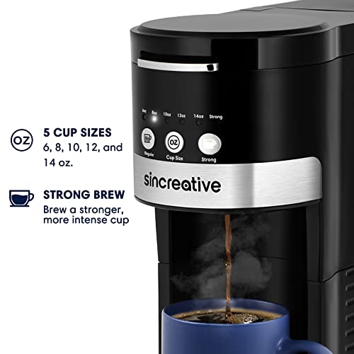 Sincreative Single Serve Coffee Maker, 2 in 1 Single Cup Coffee Makers for K Cup Pod or Ground Coffee, Compact Coffee Machine with Strong Brew Button, 6 to 14oz Brew Sizes, Gifts for Mom Dad Women Men