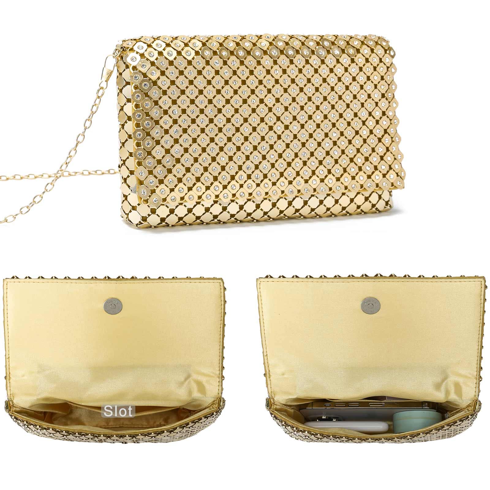 HIYOLALA Metal Sparkly Prom Clutch Purses for Women Evening with Removable Chain (Gold)