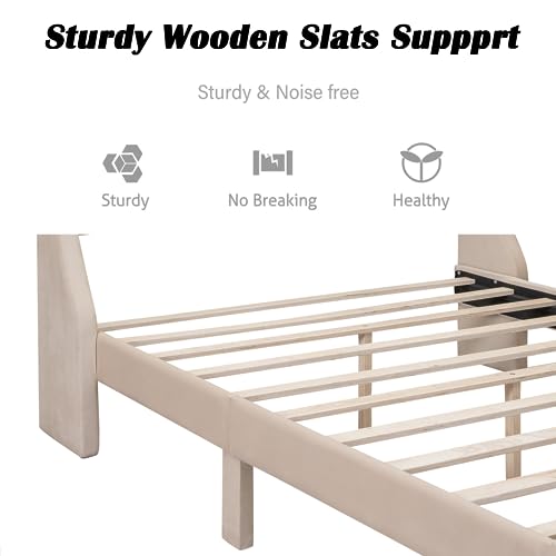 Queen Size Velvet Platform Bed Frame with Headboard, Upholstered Platform Bed Frame with Storage Drawer, No Box Spring Needed, Sturdy Wood Slat Support for Bedroom Boys Girls Teens Room (Queen, Beige)