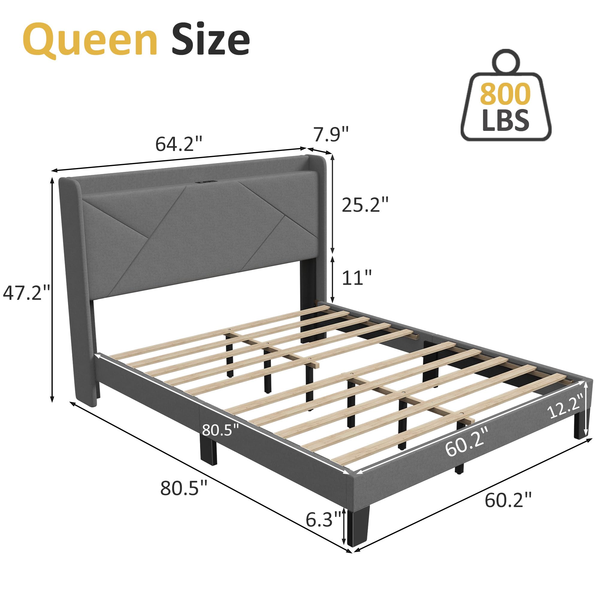 Fluest Queen Bed Frame with Headboard Storage Upholstered Wingback Headboard Built-in Charging Station USB Ports Wooden Slats Support,No Box Spring Needed,Mattress Foundation,Dark Grey