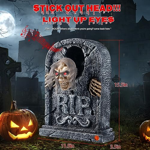 Halloween Zombie Tombstone Animated Skeleton Decorations Yard Decor Motion Sensor Activated, Creepy Voice, Spooky Skull Head, Light Up Eyes, Scary Haunted Prop