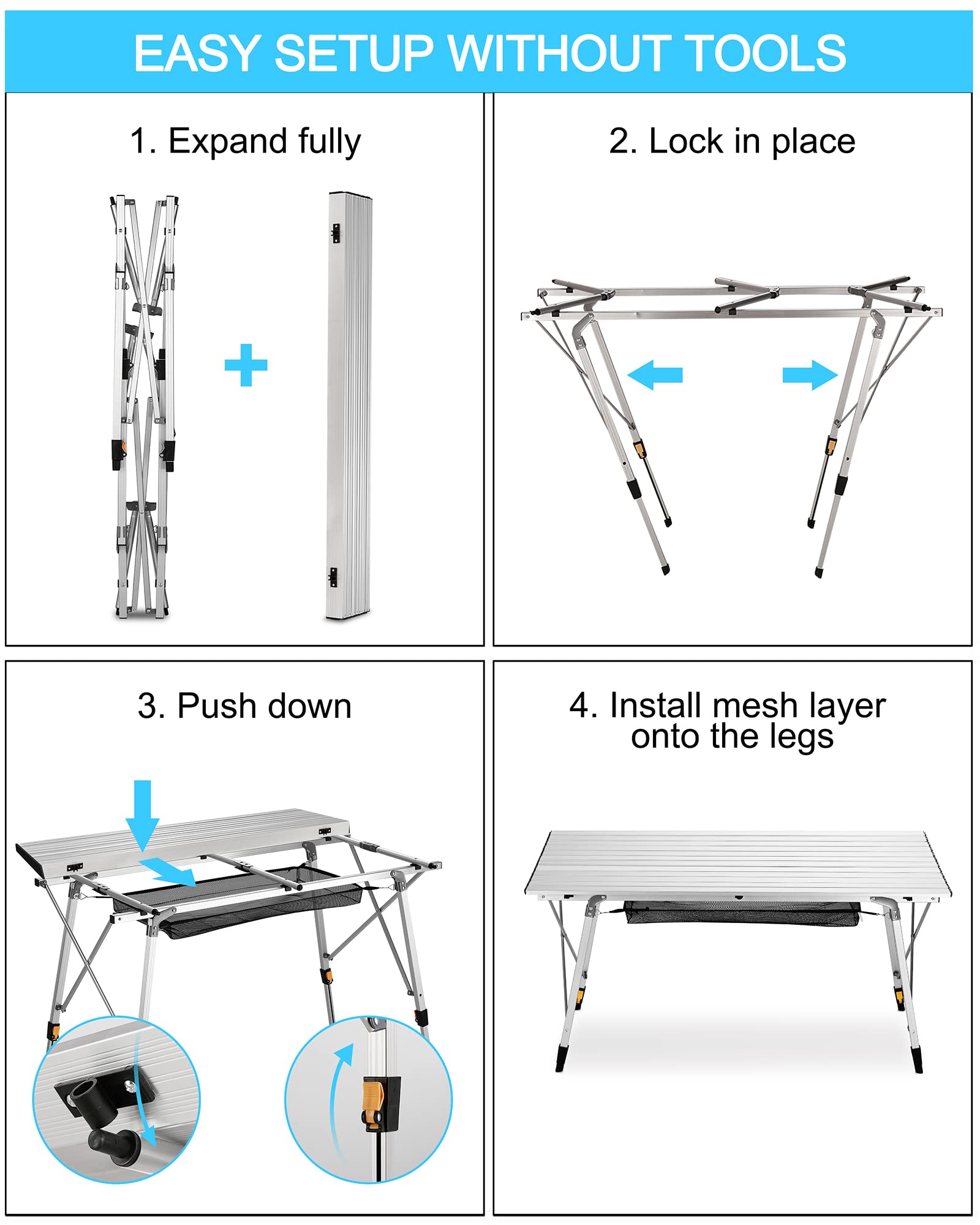 FiveJoy Folding Camping Table Outdoor Portable Picnic Camp Table with Aluminum Legs Adjustable Height Roll Up Table with Mesh Layer for Picnic Beach Grill Backyard Kitchen