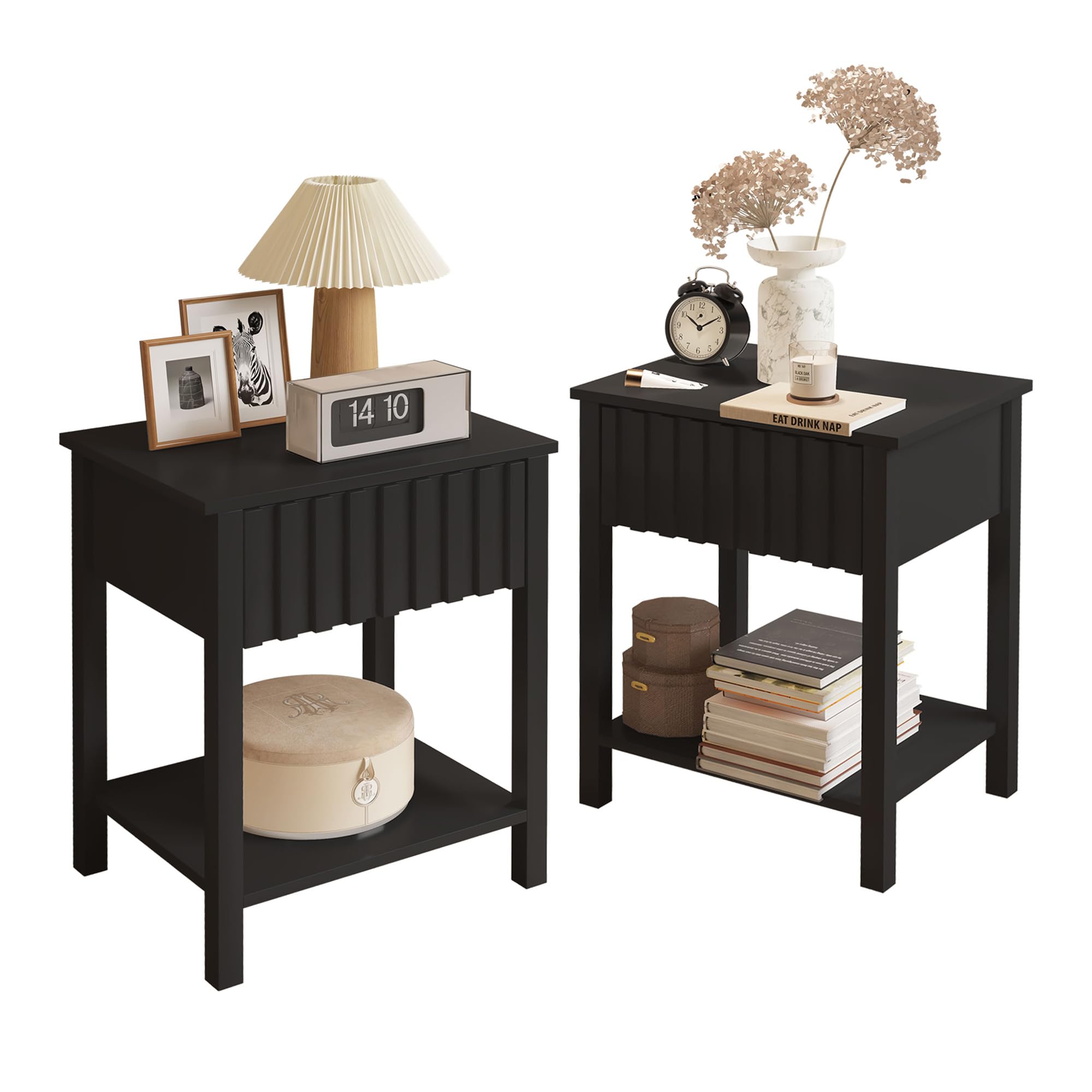 PHOYAL Nightstand, Side Table with Drawer Modern End Table with Storage Accent Bedside Farmhouse Tables Accent Table for Living Room, Bedroom and Small Space (Walnut X 2)