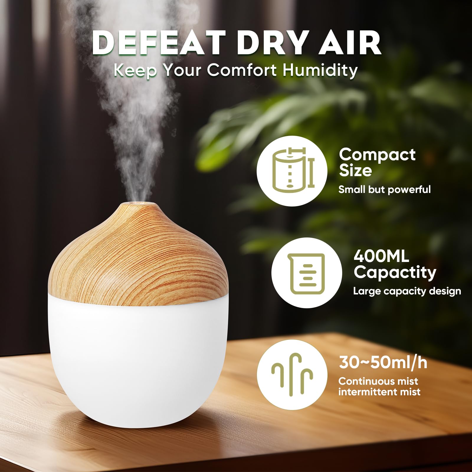Small Humidifiers For Bedroom - 400ML Mini Desk Personal Humidifier, Portable Cool Mist Humidifiers For Room Baby Travel Plant Office Home, Super Quiet, Easy Clean, C