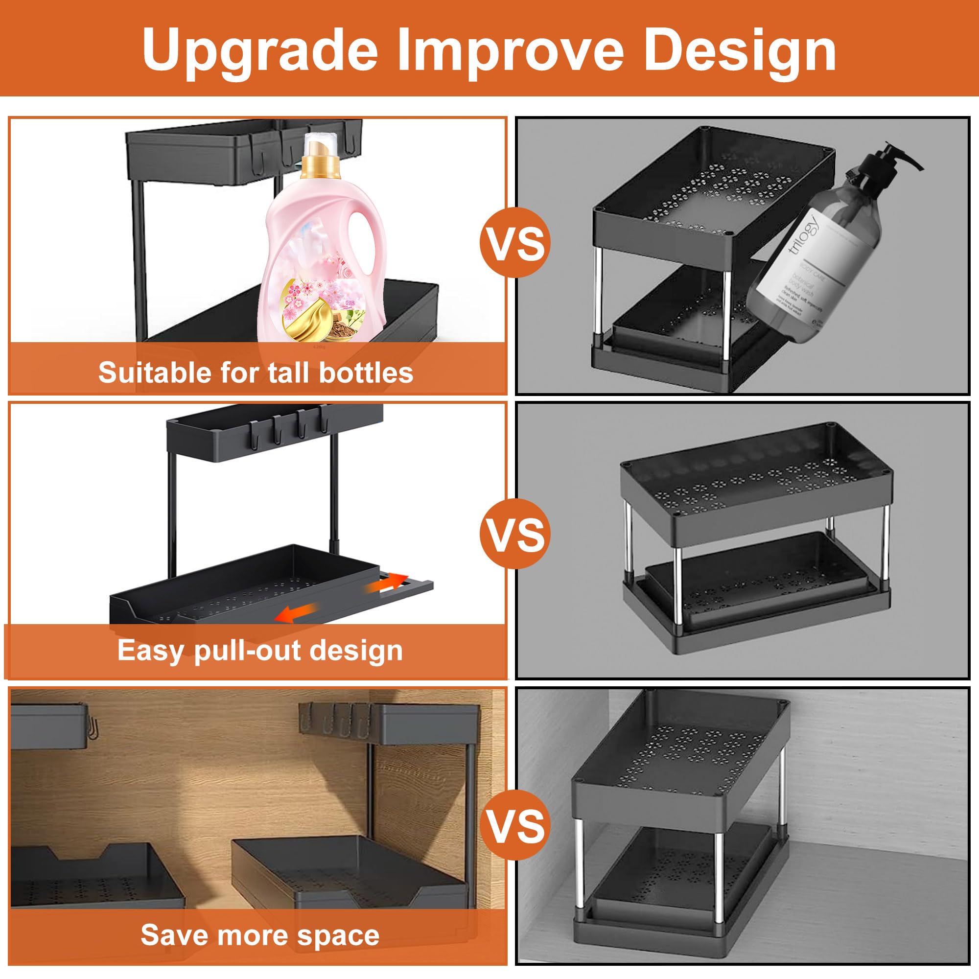 HISKIWUU Under Sink Organizers and Storage L-Shape Easy Assembly,Bathroom Sink Organizer Durable Pull-Out with Sliding Drawer,Under Sink Organizer Large Capacity with Hooks,2 Pack,Black