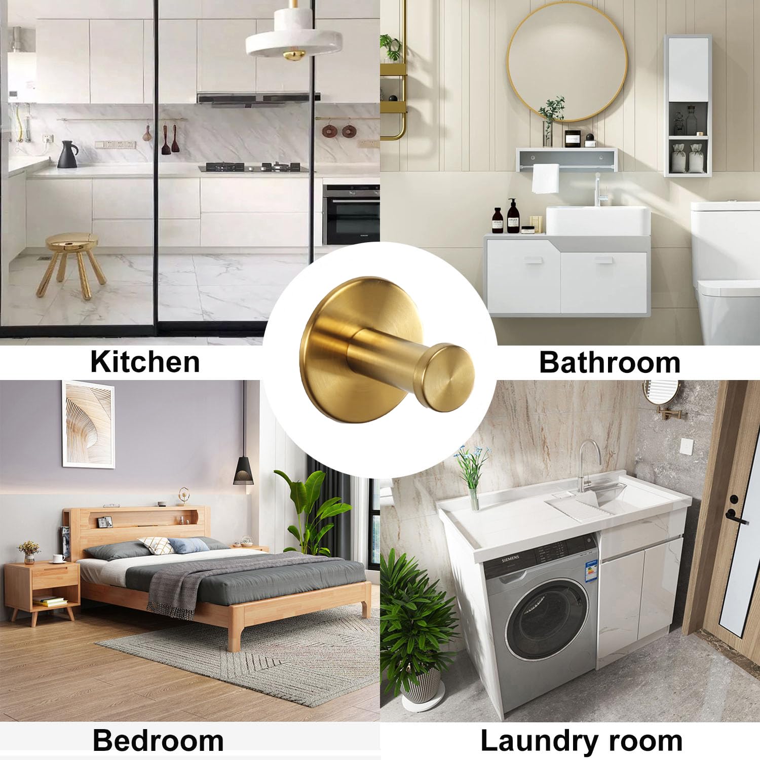 Vanloory Bath Towel Hooks, 6 Pack Self Adhesive Coat Hooks, Sturdy No Drilling Robe Hook, SUS 304 Stainless Steel Heavy Duty Clothes Hanger, Wall Hooks for Bathroom Bedroom Kitchen (2 in, Gold)