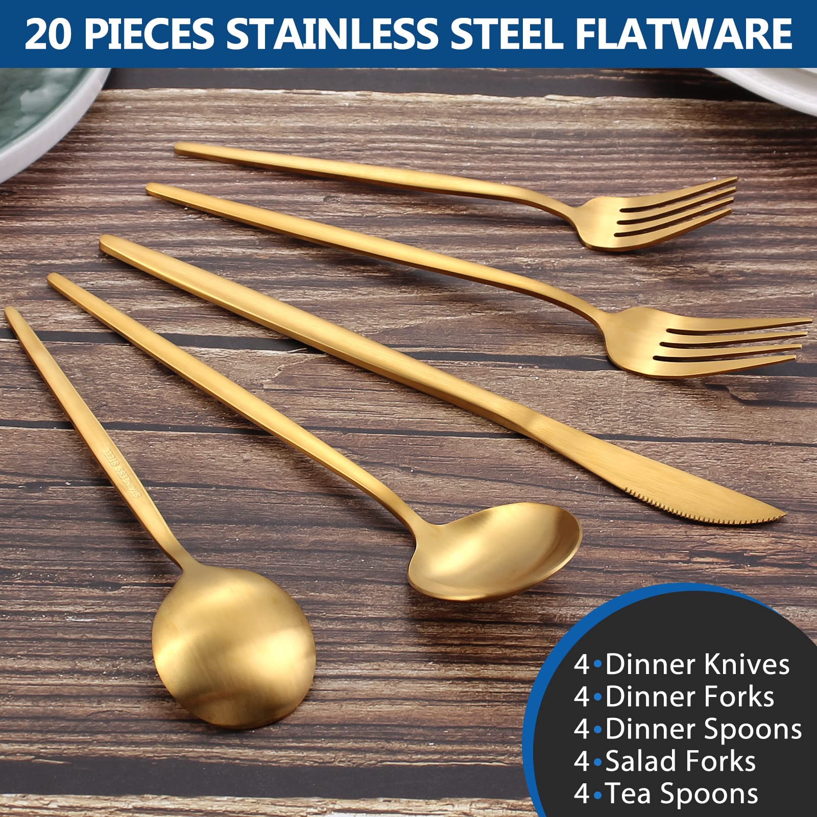 OPOLIA 20-Piece Matte Gold Silverware Set for 4, Stainless Steel Flatware Cutlery Set, For Home Kitchen Restaurant Hotel, Dishwasher Safe