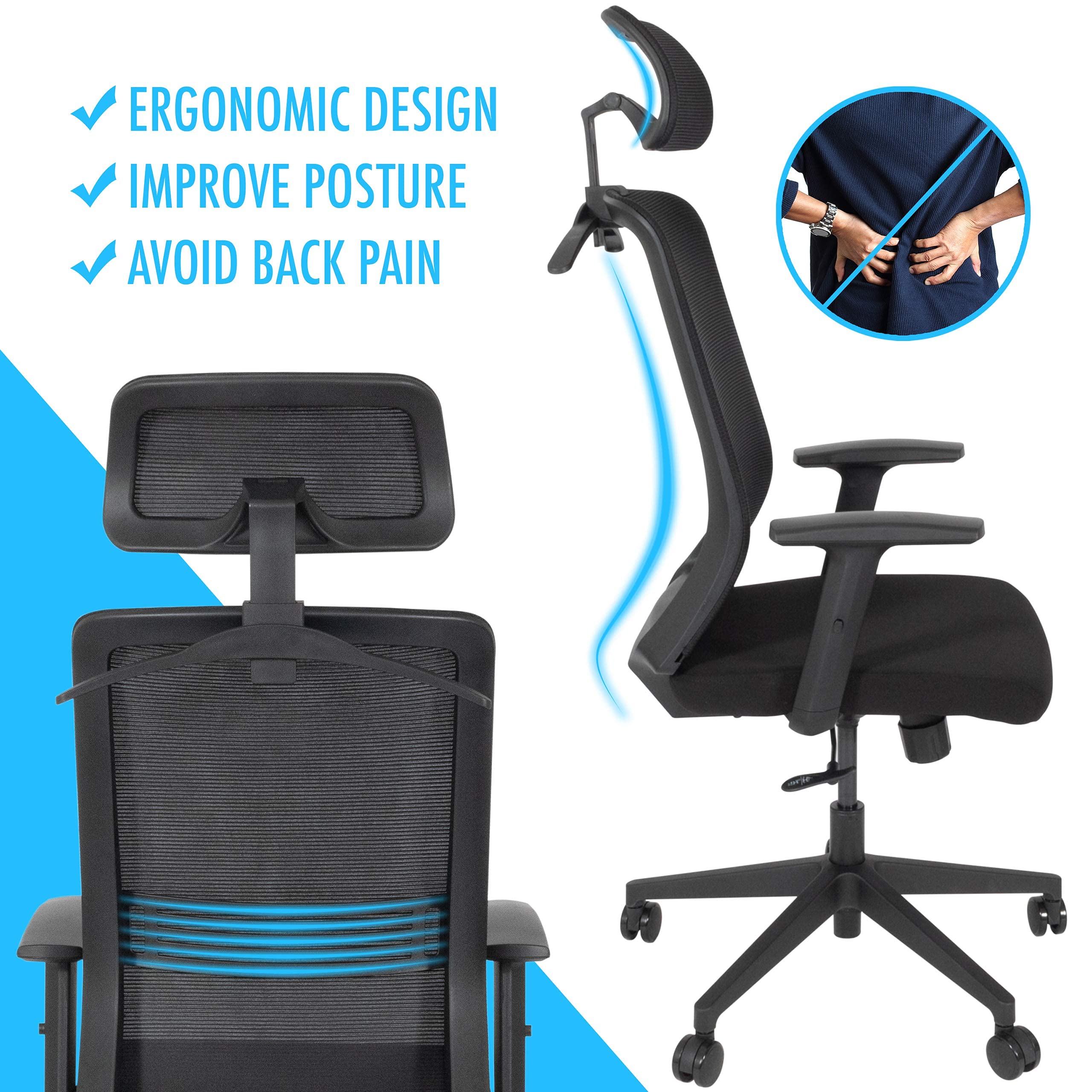 Hamilton Ergonomic Mesh Office Chair, High Back Recliner Computer Desk Chair, Adjustable Seat Armrest Headrest, Lumbar Back Support, Breathable Mesh, Tilt Function, Black
