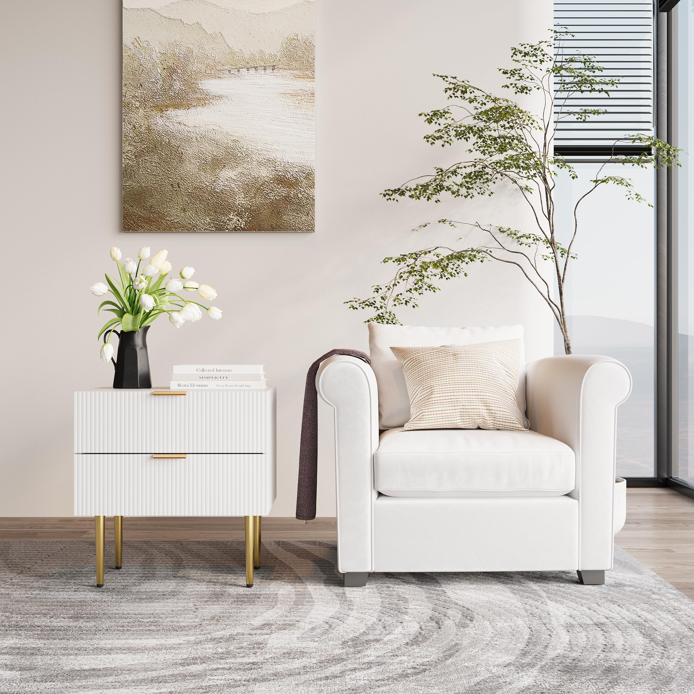 Semiocthome White Nightstand, Mid Century Modern Night Stand with 2 Wave Fluted Panel Drawers, Bedside Table with Gold Metal Legs, Bedroom Set Wide Tabletop Bed Side Table, End Tables for Living Room